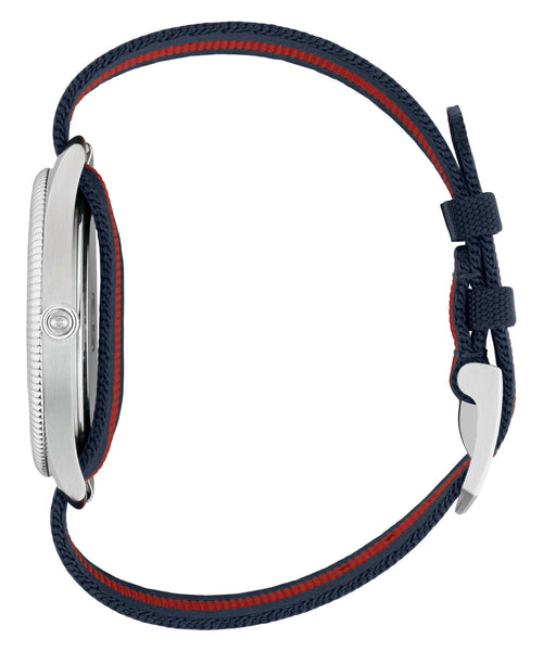 Gucci G-Timeless Stainless Steel Silver Dial Blue/Red Nylon Strap Date