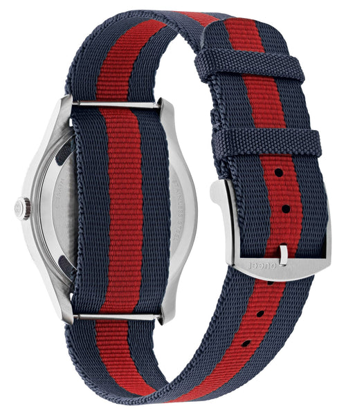 Gucci G-Timeless Stainless Steel Silver Dial Blue/Red Nylon Strap Date