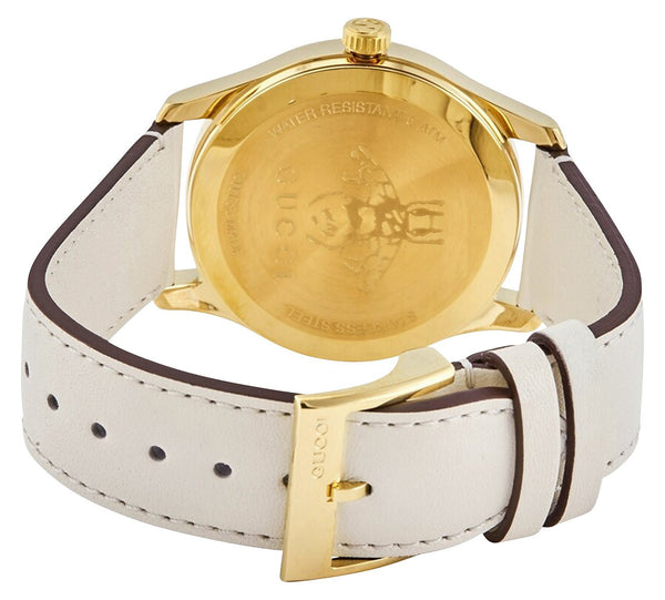 Gucci G-Timeless Yellow Gold PVD Green/Red Dial White Leather Strap Qu