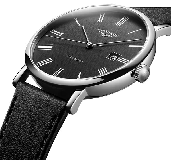 Longines Elegant Automatic Stainless Steel Dark Gray Dial Black Leathe