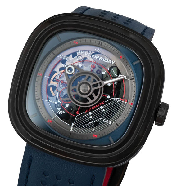 SEVENFRIDAY T-Series Automatic Black PVD Blue Skeleton Dial Blue Leath